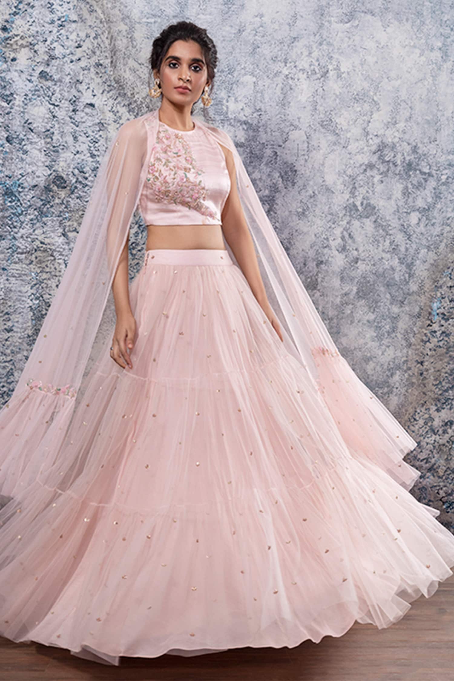 Buy Nayantaara Pink Bemberg Satin Embroidered Tiered Lehenga Set Online ...