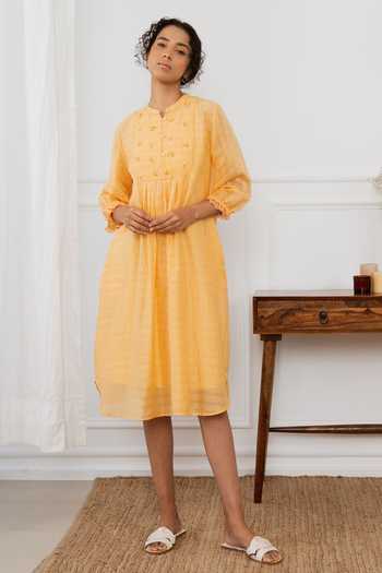 Buy Dhaari Orange Cotton Silk Floral Embroidered Yoke Dress Online ...