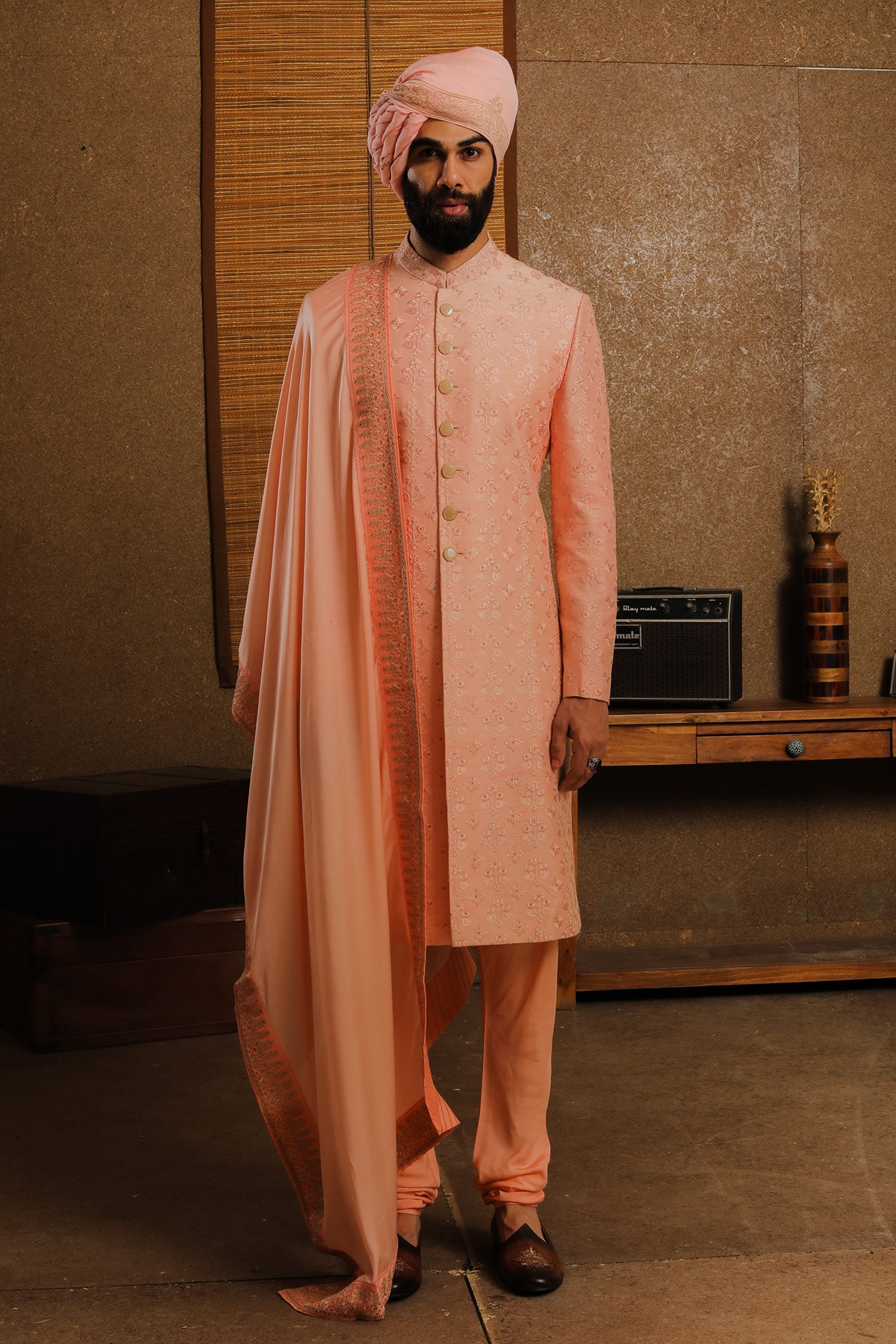 Buy Peach Silk Embroidery Floral Band Collar Sherwani Set For Men by ...