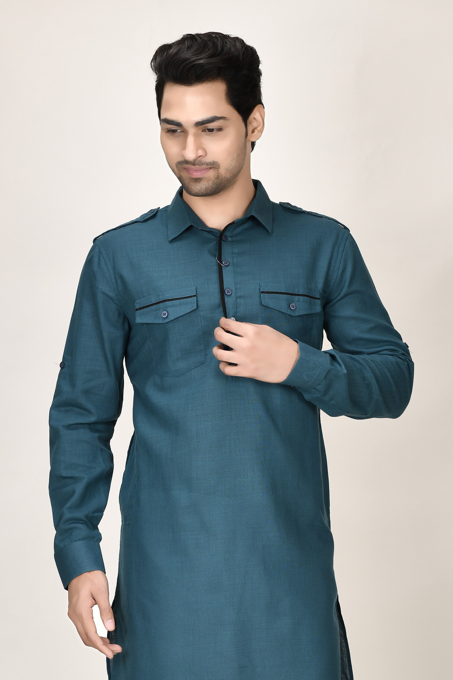 Buy Aryavir Malhotra Green Cotton Viscose Pathani Short Kurta Online ...