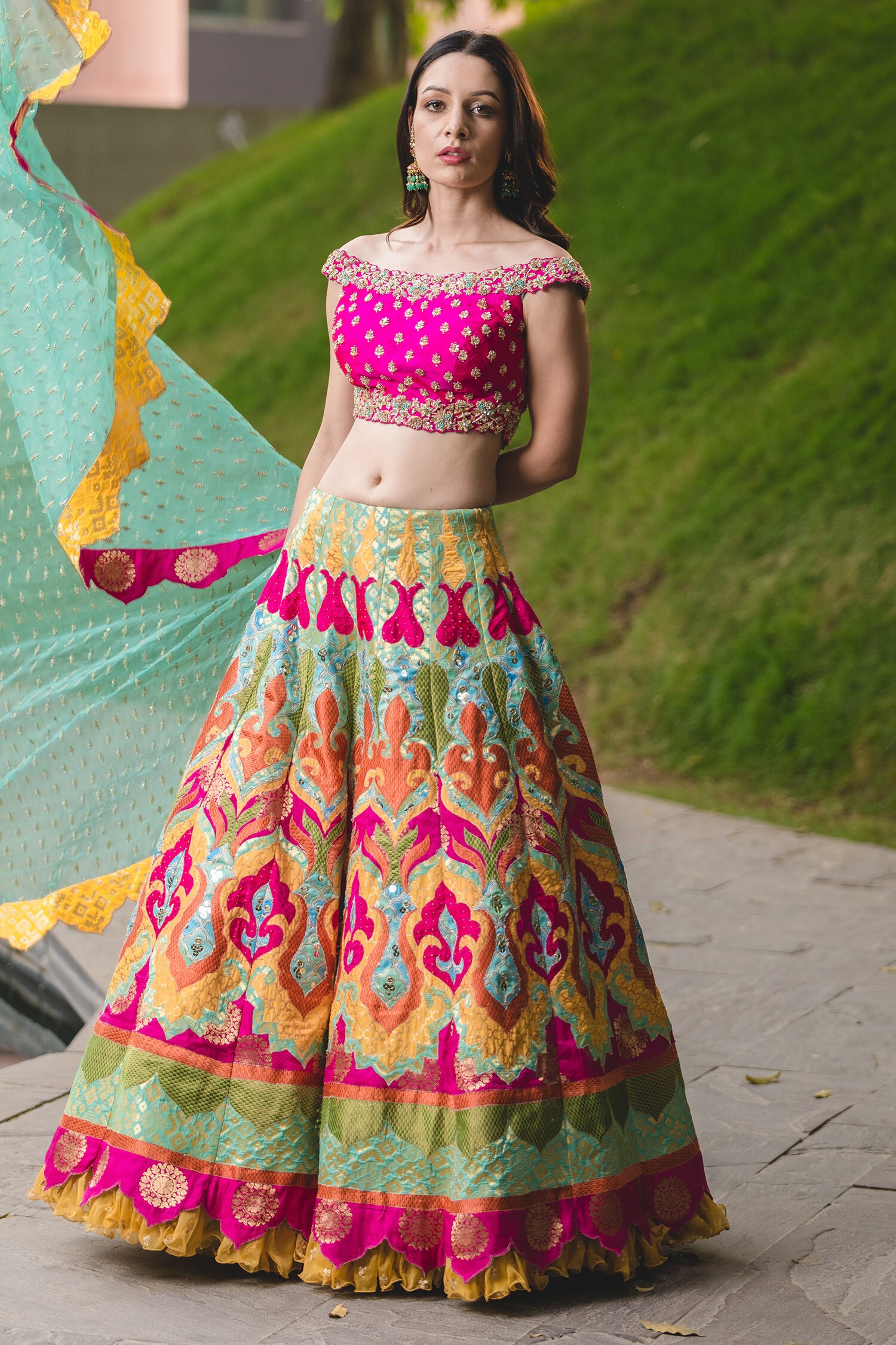Buy Nitika Gujral Multi Color Brocade Embroidered Lehenga Set Online ...