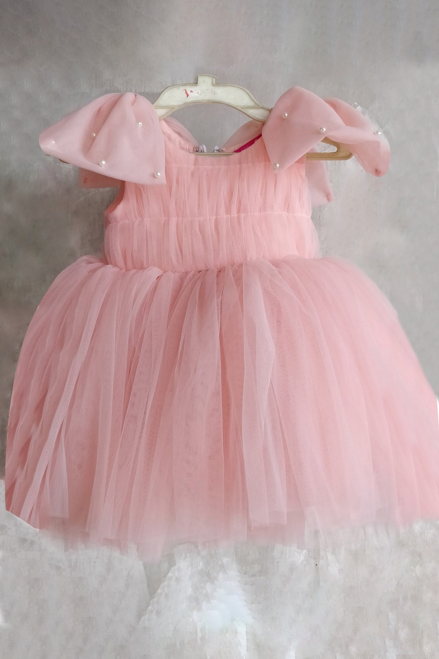 Buy Pink Soft Net Embroidery Pearls Bow Embellished Princess Dress For ...