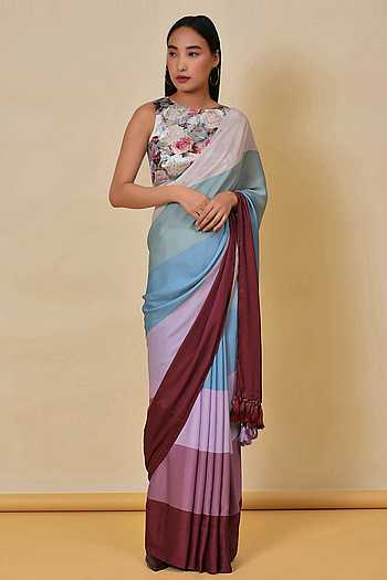 Buy Multi Color Satin Floral Round Colorblock Saree With Blouse For ...