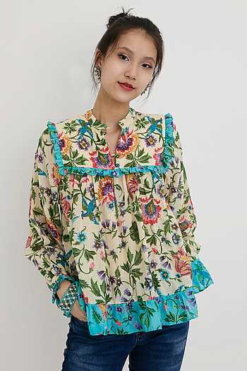 Buy Nika by Nikasha Beige Floral Printed Cotton Silk Top Online | Aza ...