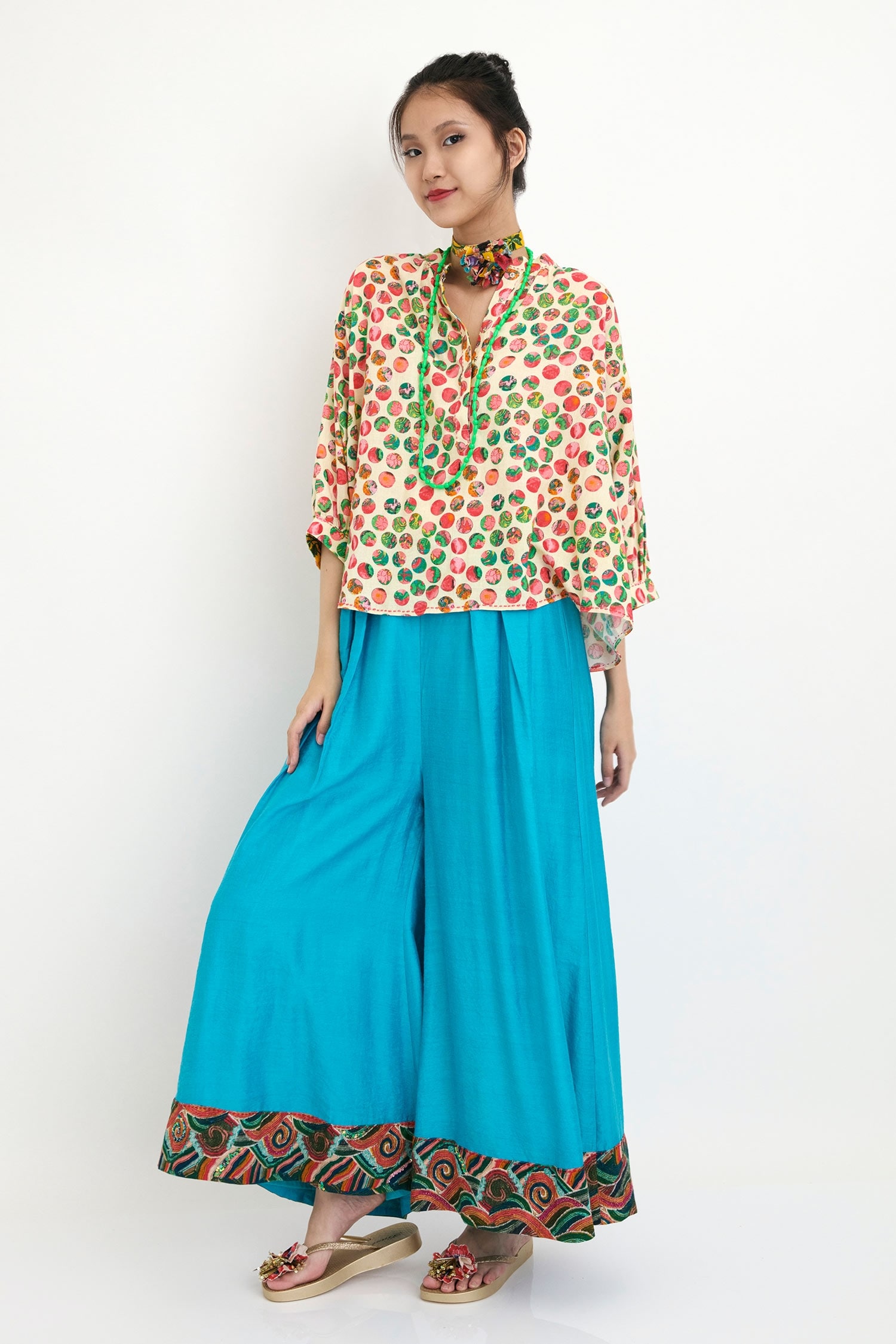 Buy Nika by Nikasha Beige Silk Polka Dot Print Top Online | Aza Fashions