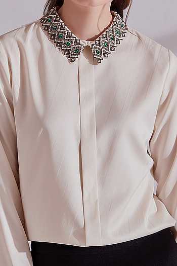 Buy Namrata Joshipura Beige Texture Satin Jewel Collar Shirt Online ...