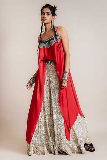 Buy Nupur Kanoi Red Silky Strappy Top And Circular Pant Set Online ...