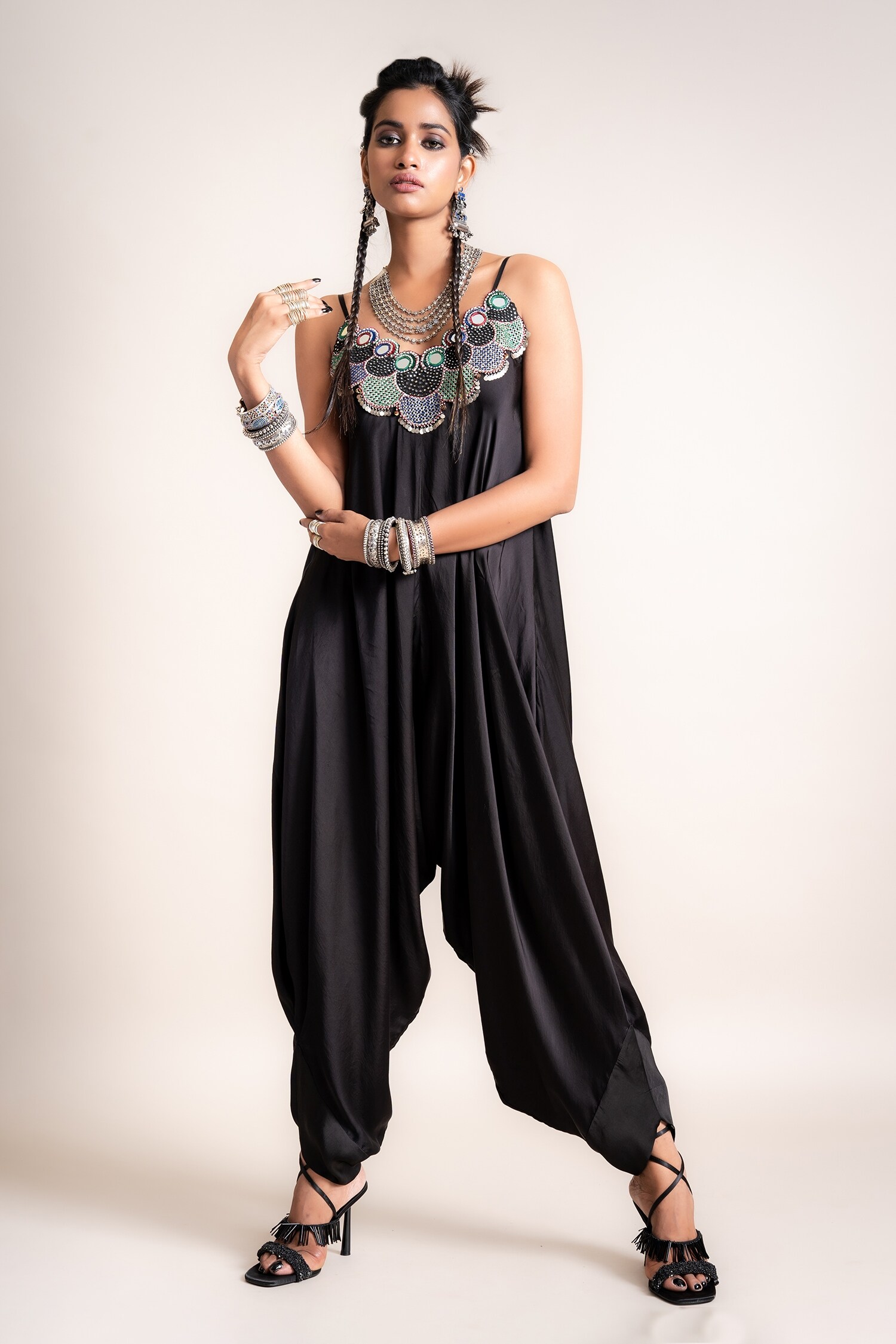 Buy Black Satin Embroidery Mirror V Neck Draped Jumpsuit For Women by ...