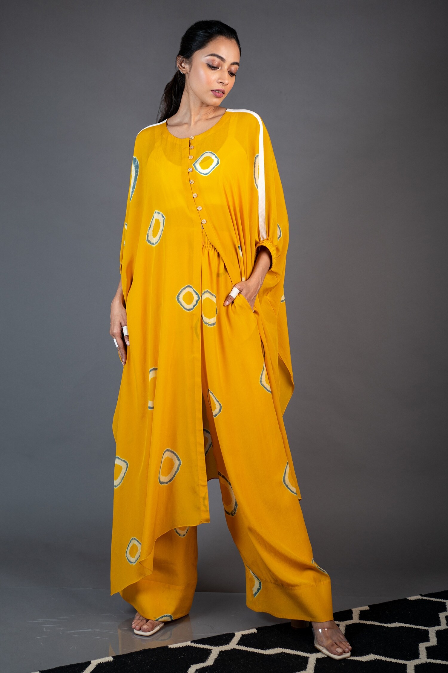 Buy Yellow Crepe Print Geometric Round Kaftan Jacket With Pants For ...