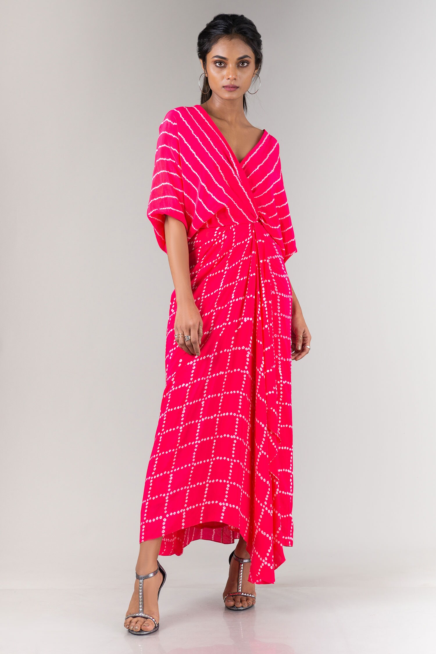 Buy Pink Crepe V Neck Bandhani Wrap Dress For Women by Nupur Kanoi ...