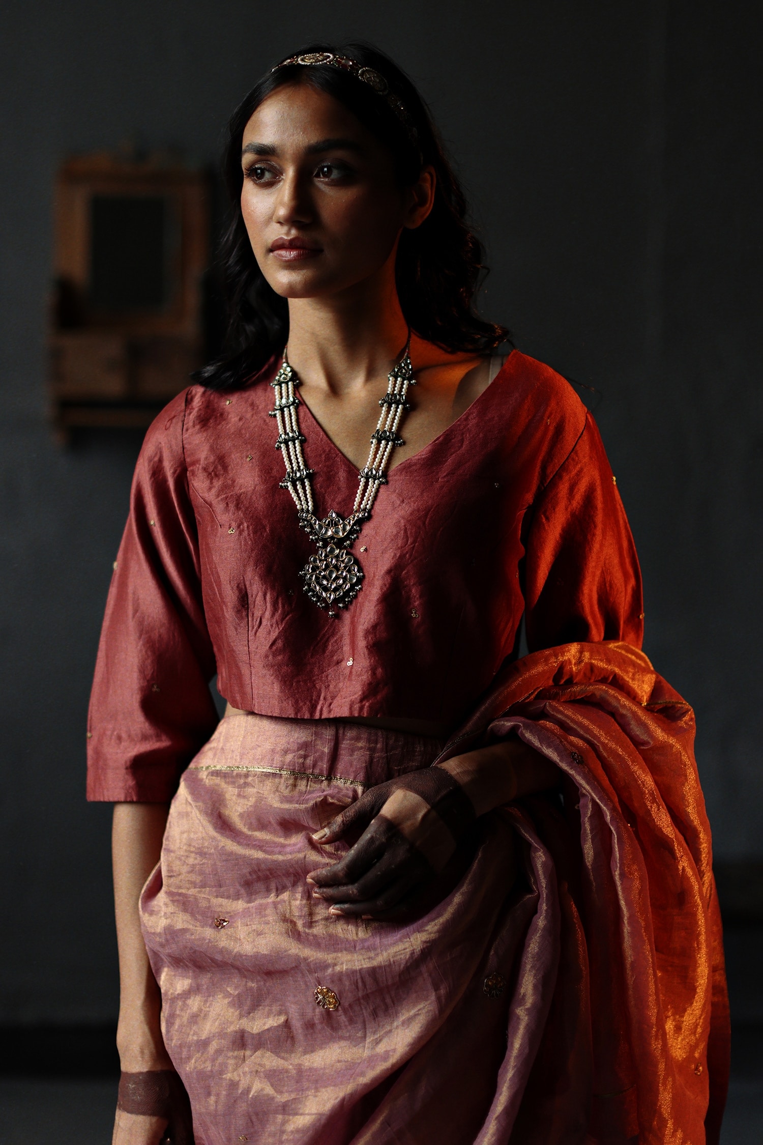 Buy Red Chanderi Embroidery Sequin V Neck Blouse For Women by Shorshe ...