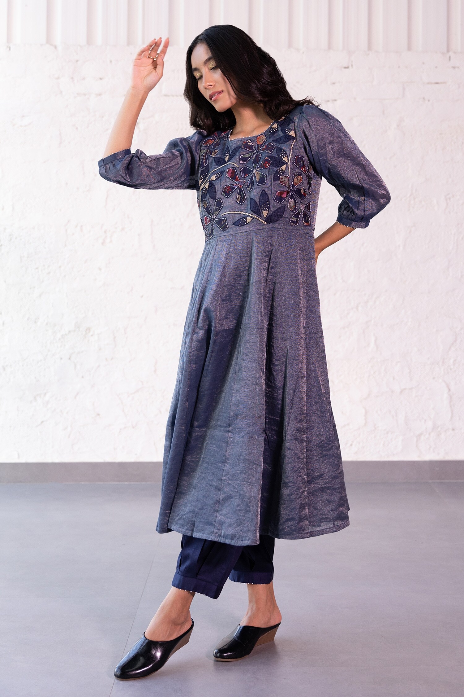 Buy Blue Kurta Chanderi Tissue Embroidery Noori Yoke And Pant Set For ...