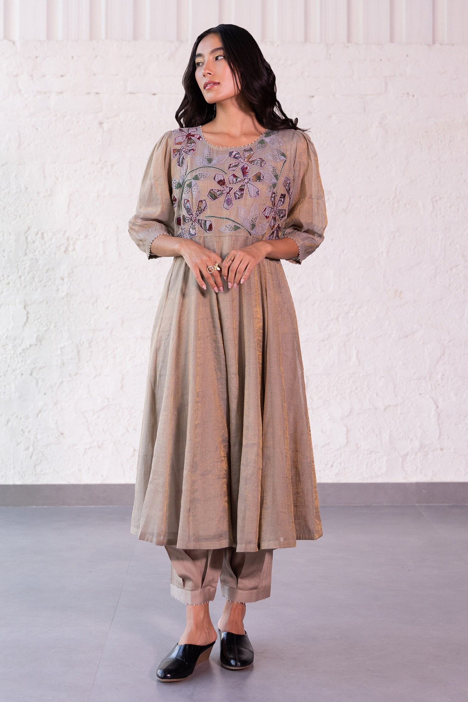 Buy Grey Kurta Chanderi Tissue Embroidery Noori Yoke And Pant Set For ...