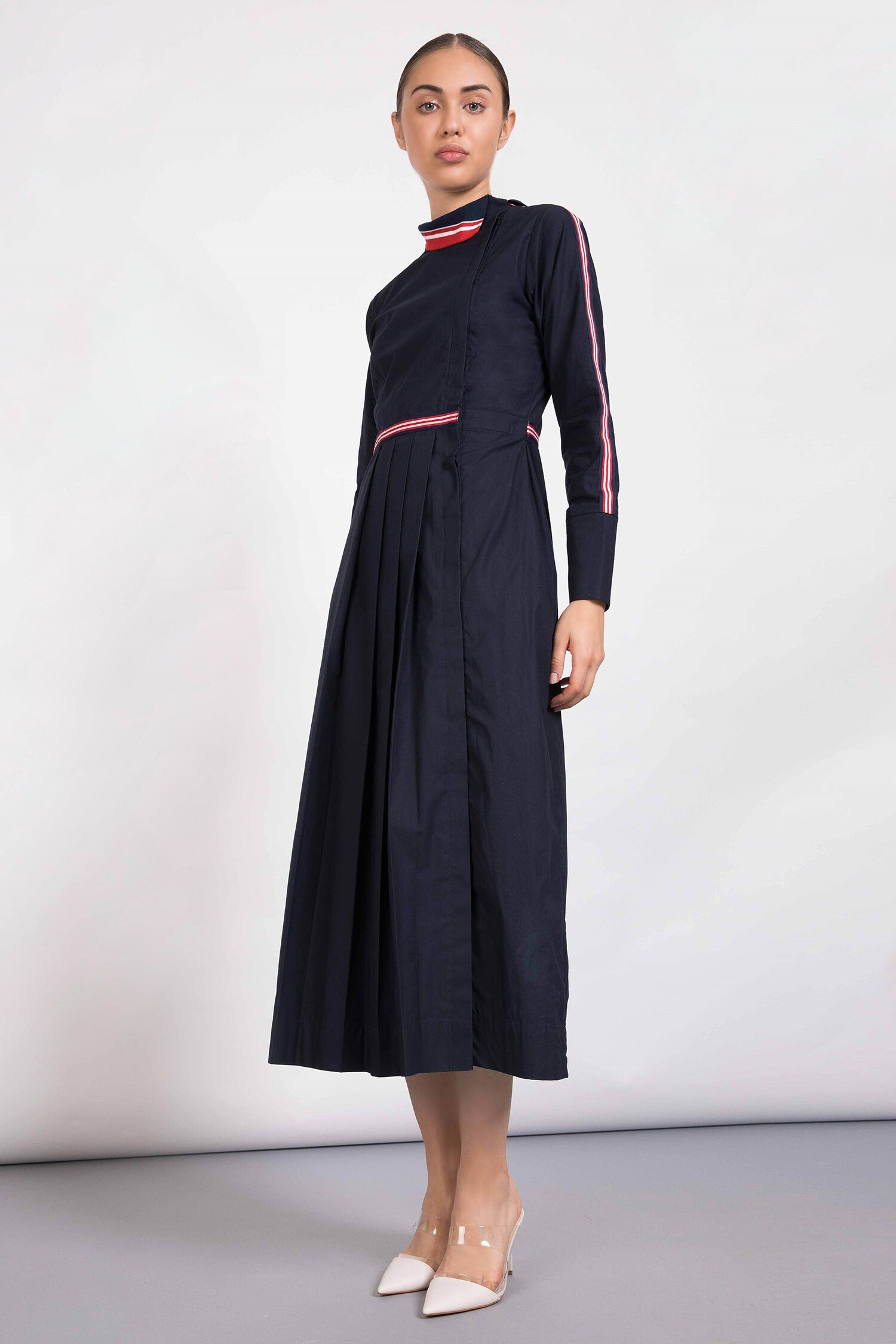 Buy Blue Cotton Twill High Neck Pleated Dress For Women by Notebook ...