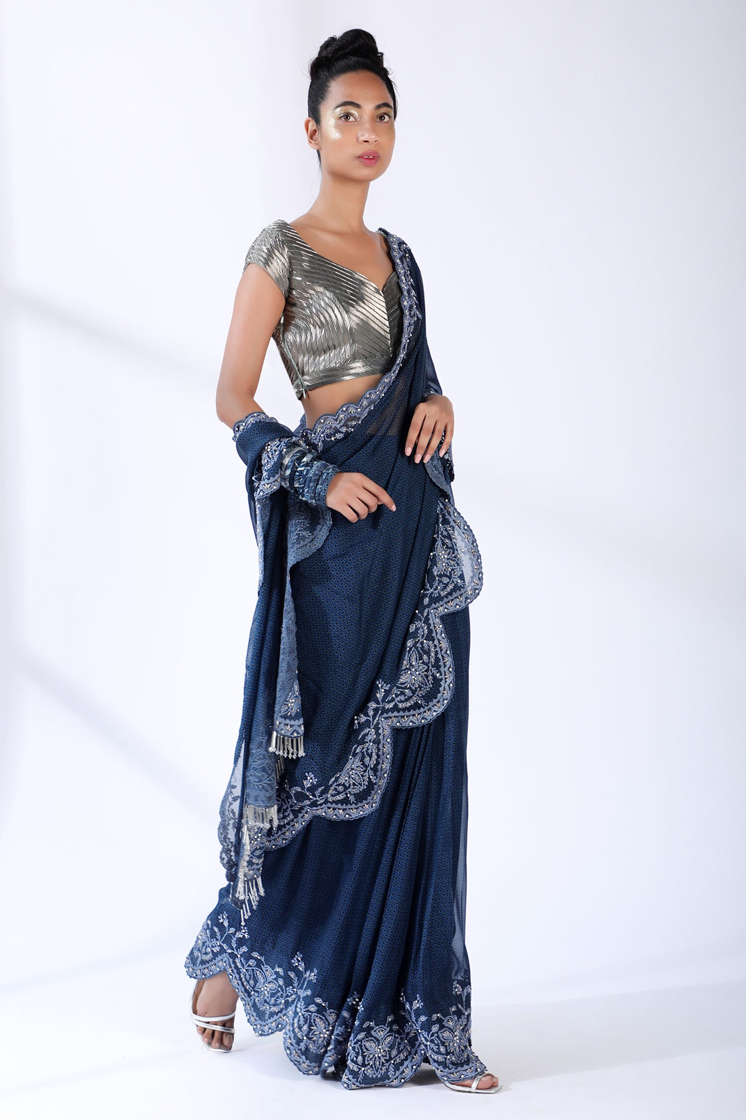 Buy Nikita Mhaisalkar Blue Embroidered Organza Saree With Blouse Online ...