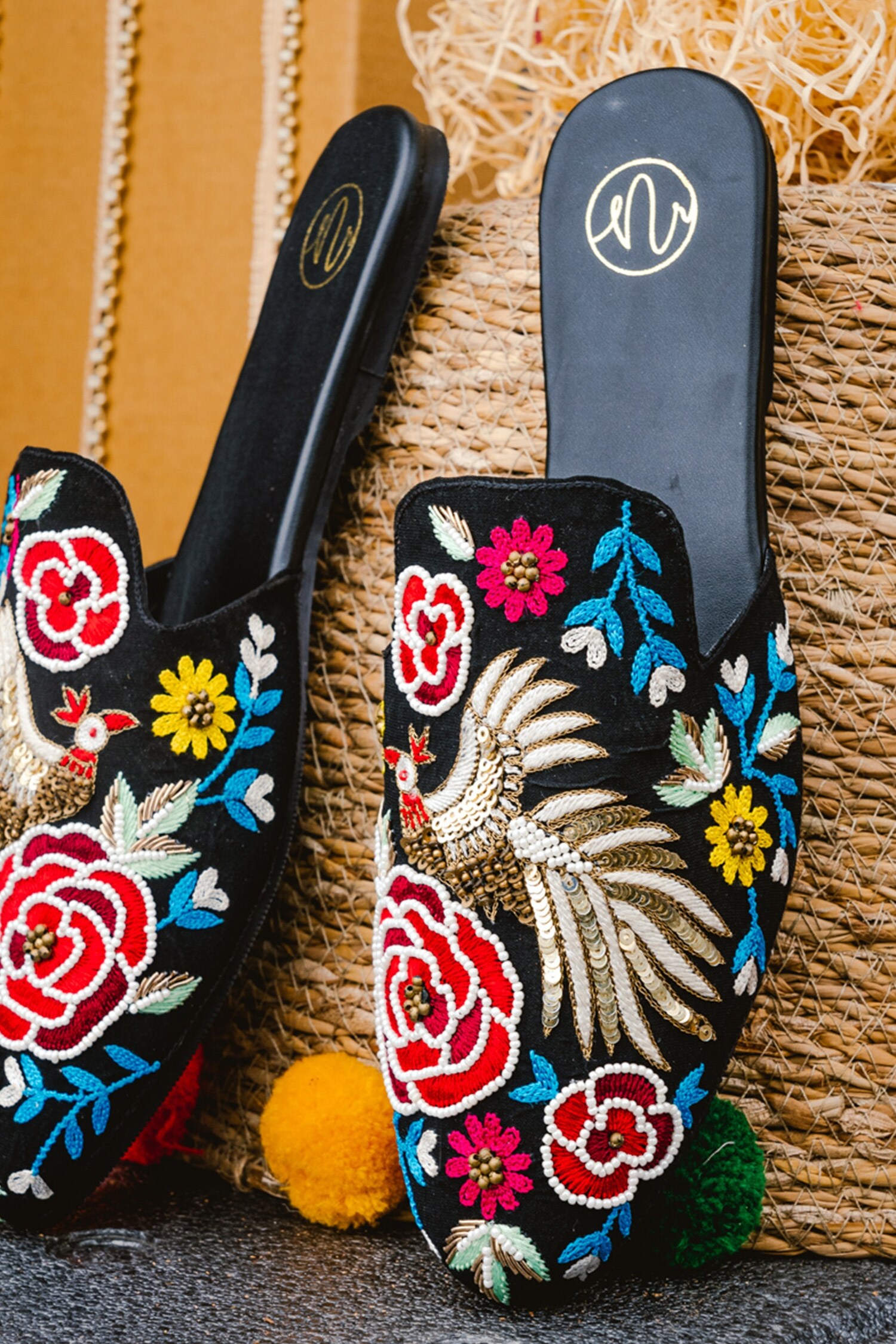 Buy NR BY NIDHI RATHI Black Synthetic Hand Embroidered Mules Online ...