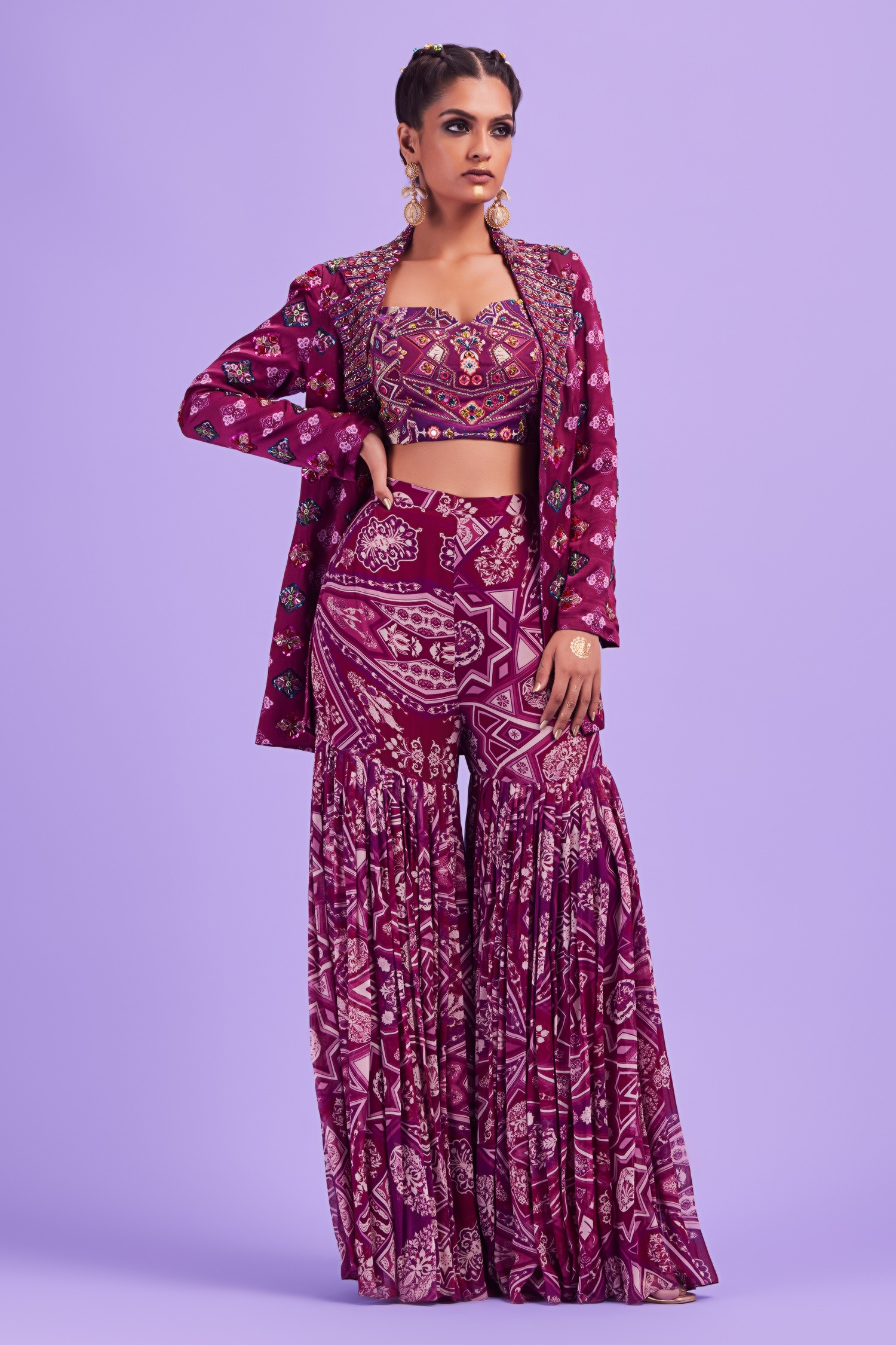 Buy Purple Top Modal Printed Geometric Blazer Notched And Sharara Set ...