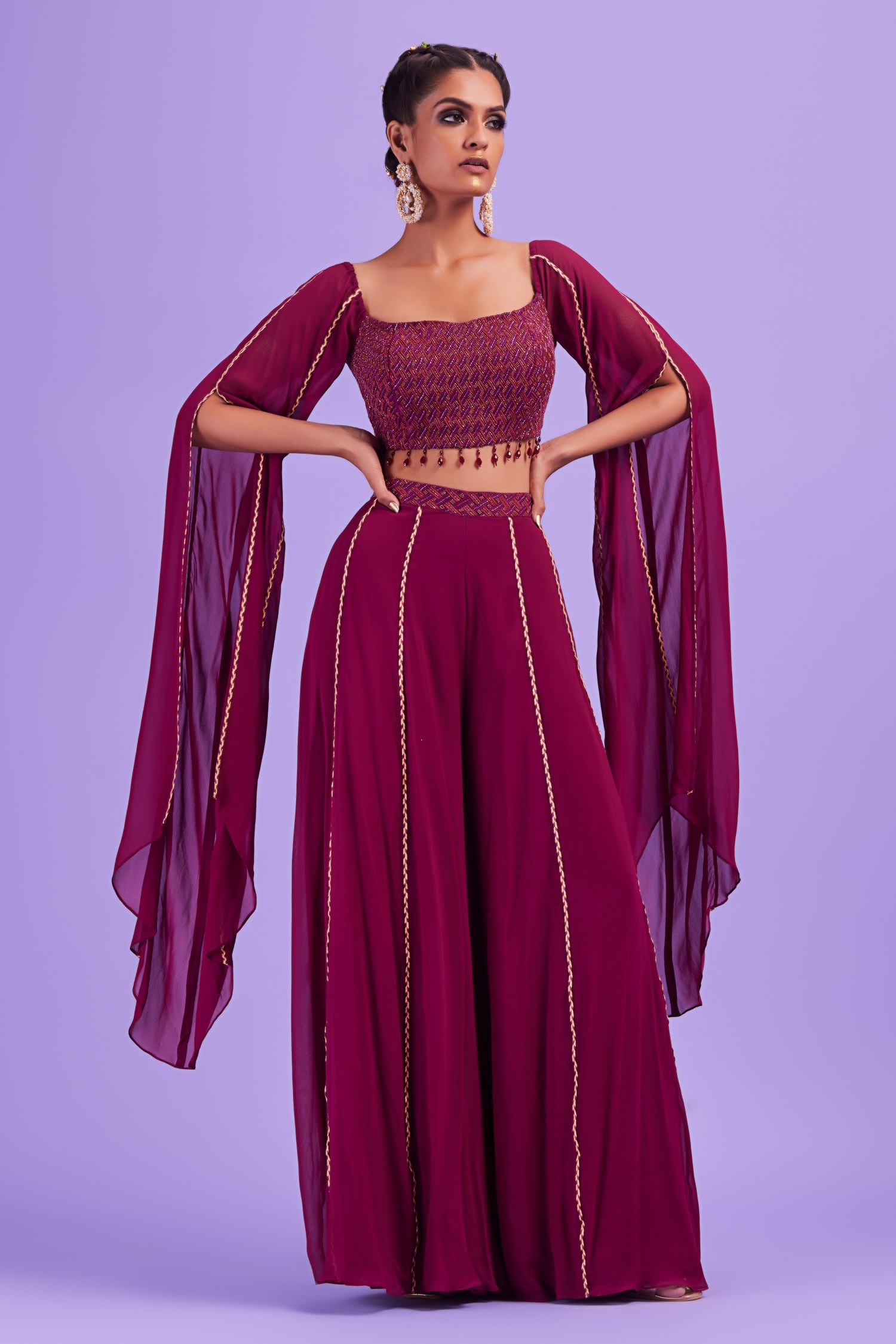 Buy Purple Top: Cotton Silk And Georgette Embroidery Crop & Sharara Set ...