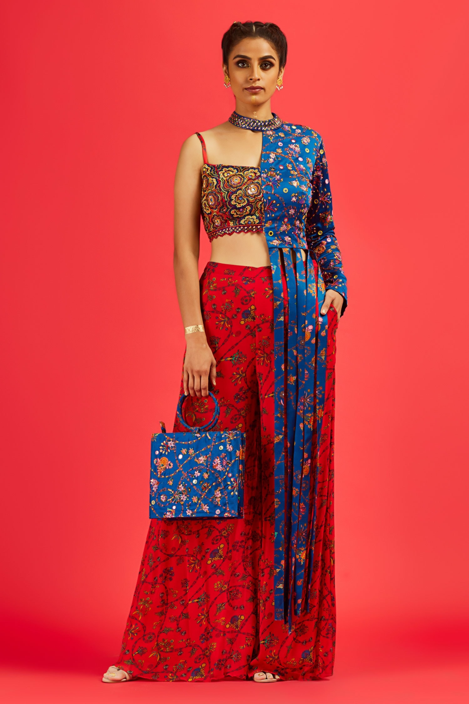 Buy Blue Crop Top: Cotton Silk Print And Asymmetric & Sharara Set For ...