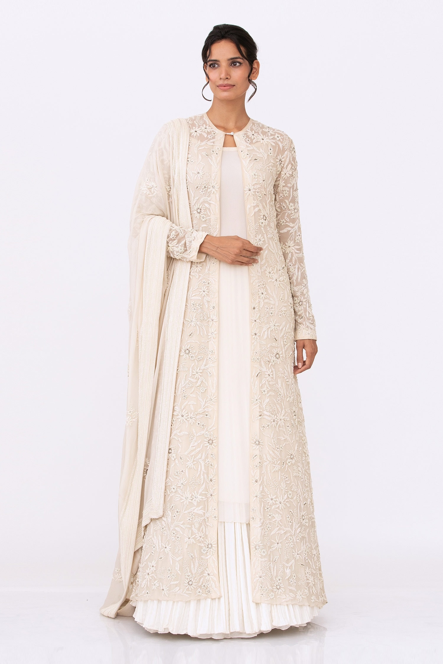 Buy White Chiffon Thread Embroidered Floral Round Jacket Lehenga Set ...