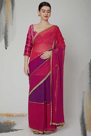 Buy Purple Chiffon Embroidered Colorblock Saree For Women by Nadima ...