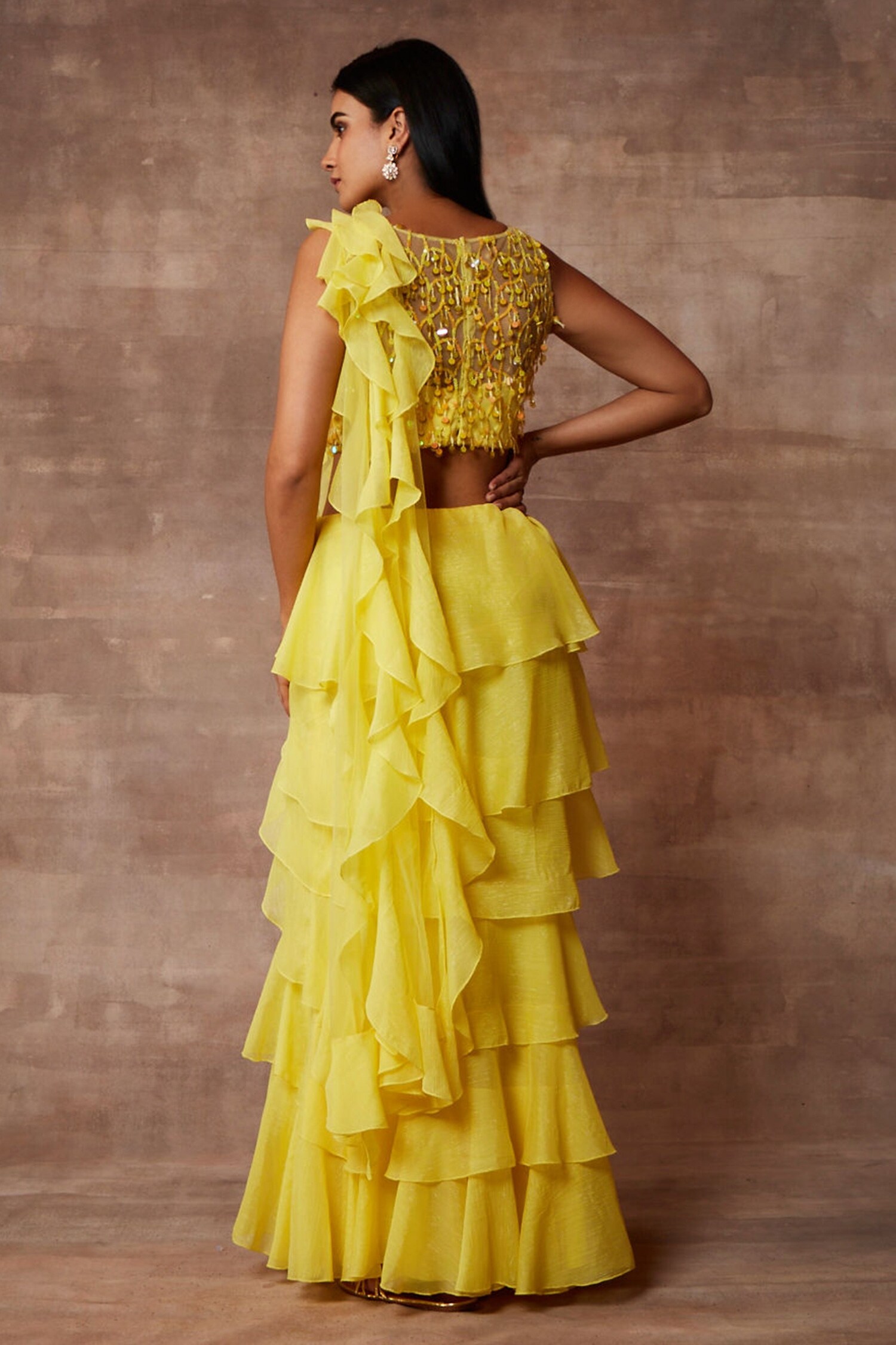 Buy Neeta Lulla Yellow Chiffon Pre-draped Ruffle Saree Set Online | Aza ...