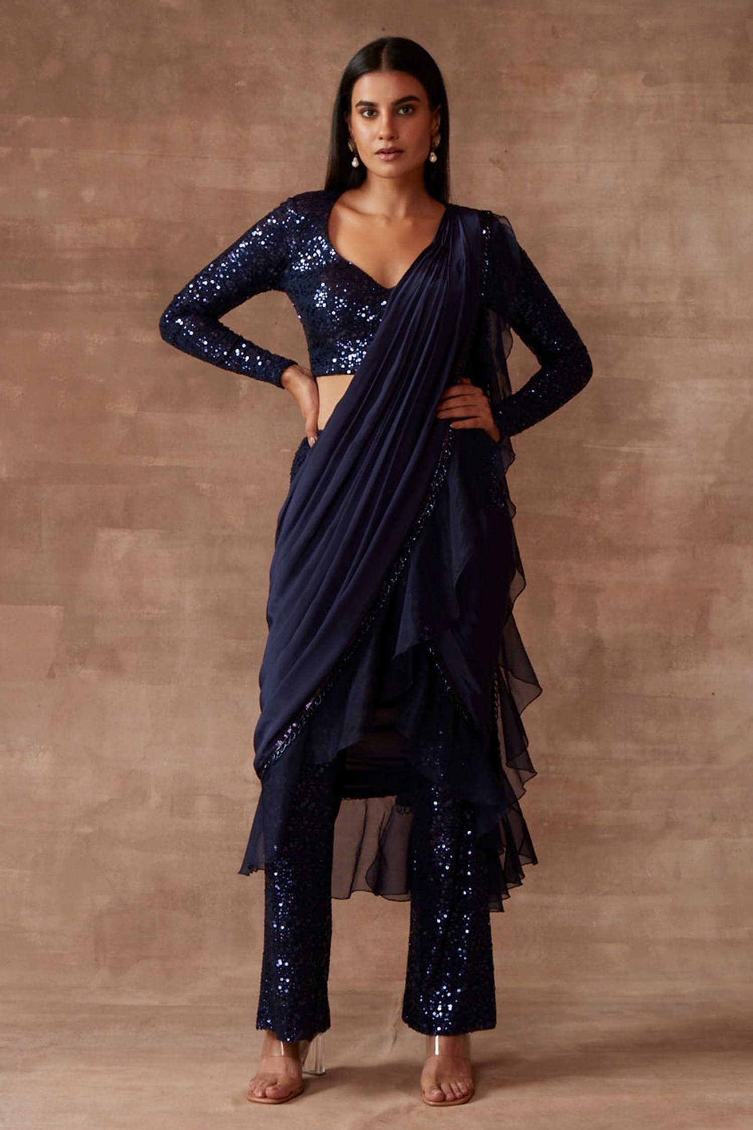 Buy Blue Pre-draped Sequin Work Pant Saree Set For Women by Neeta Lulla ...