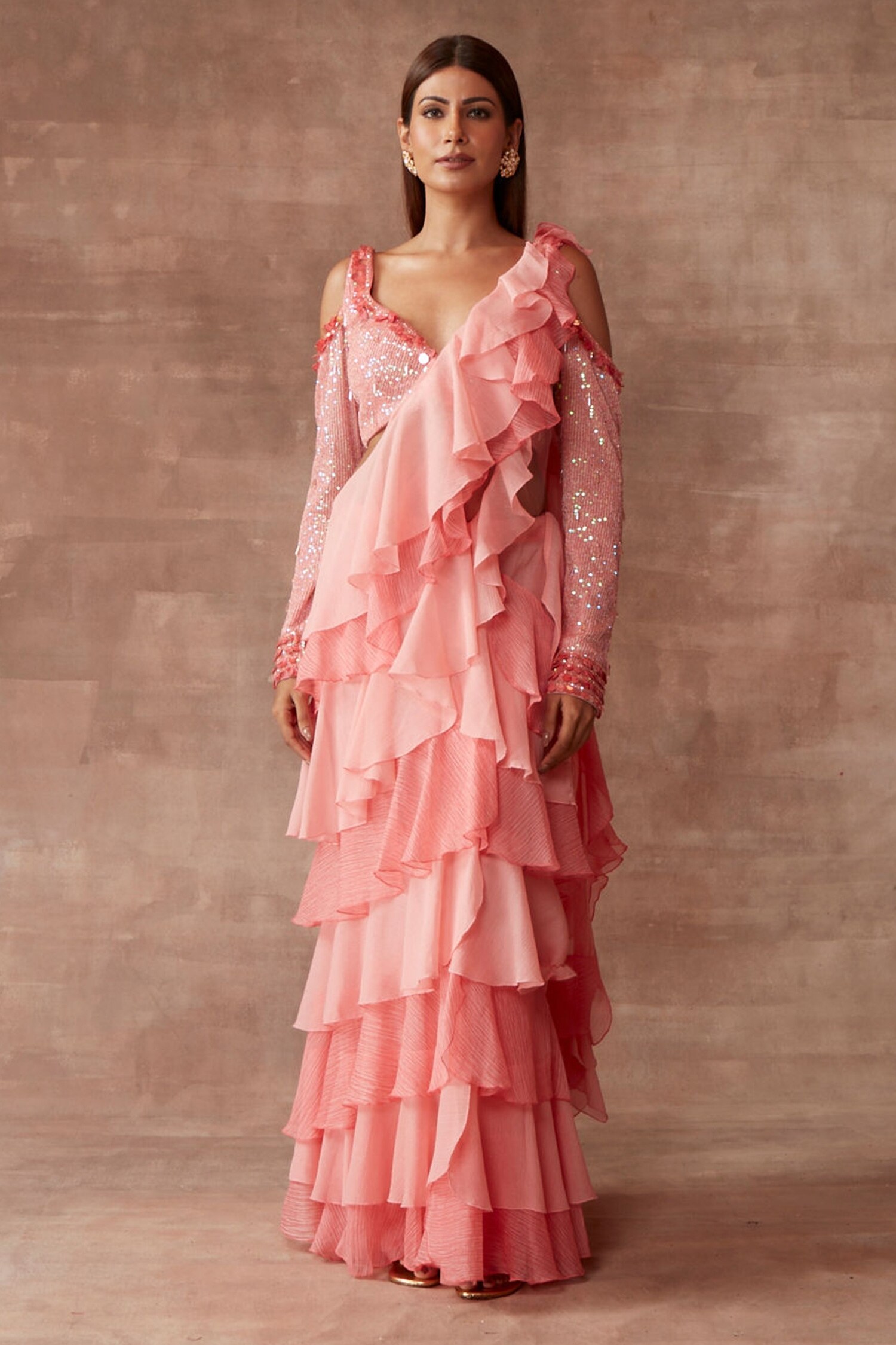 Buy Neeta Lulla Pink Chiffon Pre-draped Ruffle Saree With Blouse Online ...