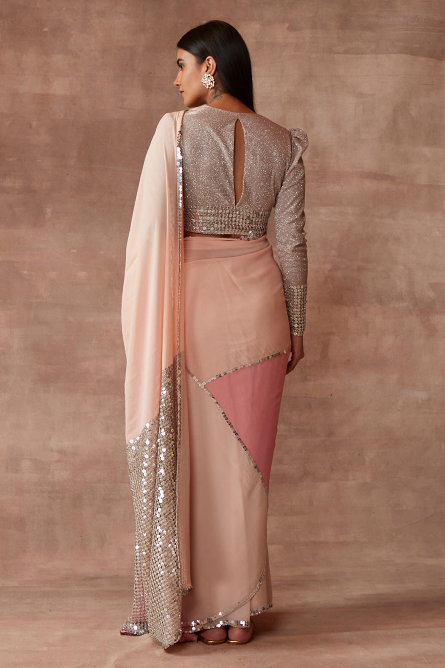Buy Neeta Lulla Peach Georgette Roselyn Color Block Saree With Blouse ...