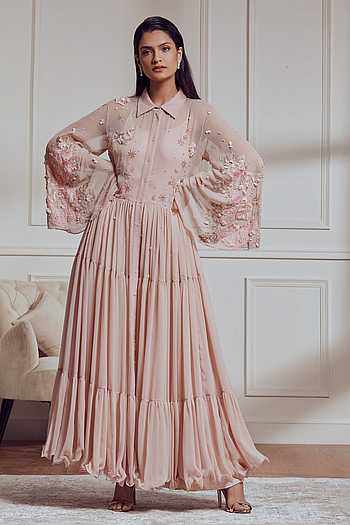 Buy Pink Chiffon Applique Embroidered Gown For Women by Not So Serious ...