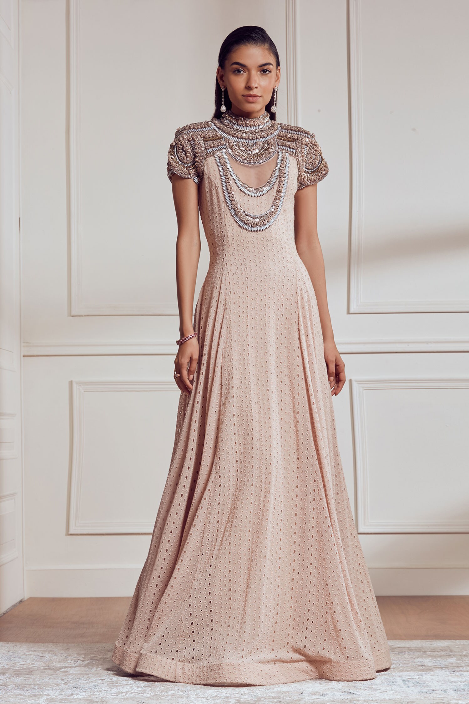 Buy Not So Serious By Pallavi Mohan Beige Georgette Embroidered Gown ...