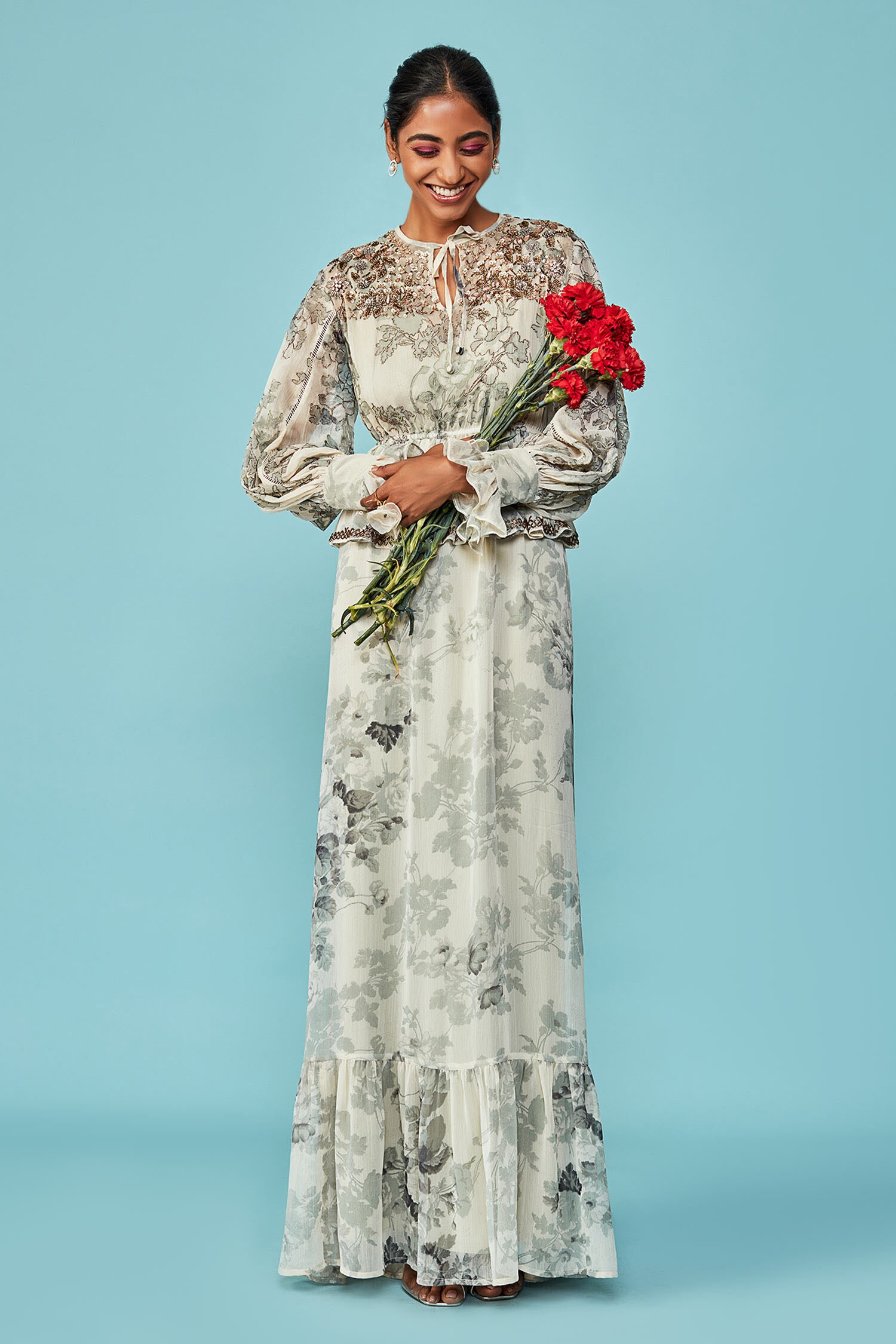 Buy Not So Serious By Pallavi Mohan Grey Chiffon Emma Printed Gown ...