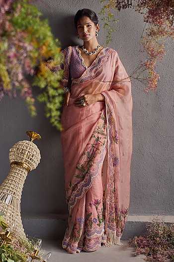 Buy Pink Silk Organza Embroidery V Neck Saree With Blouse For Women by ...