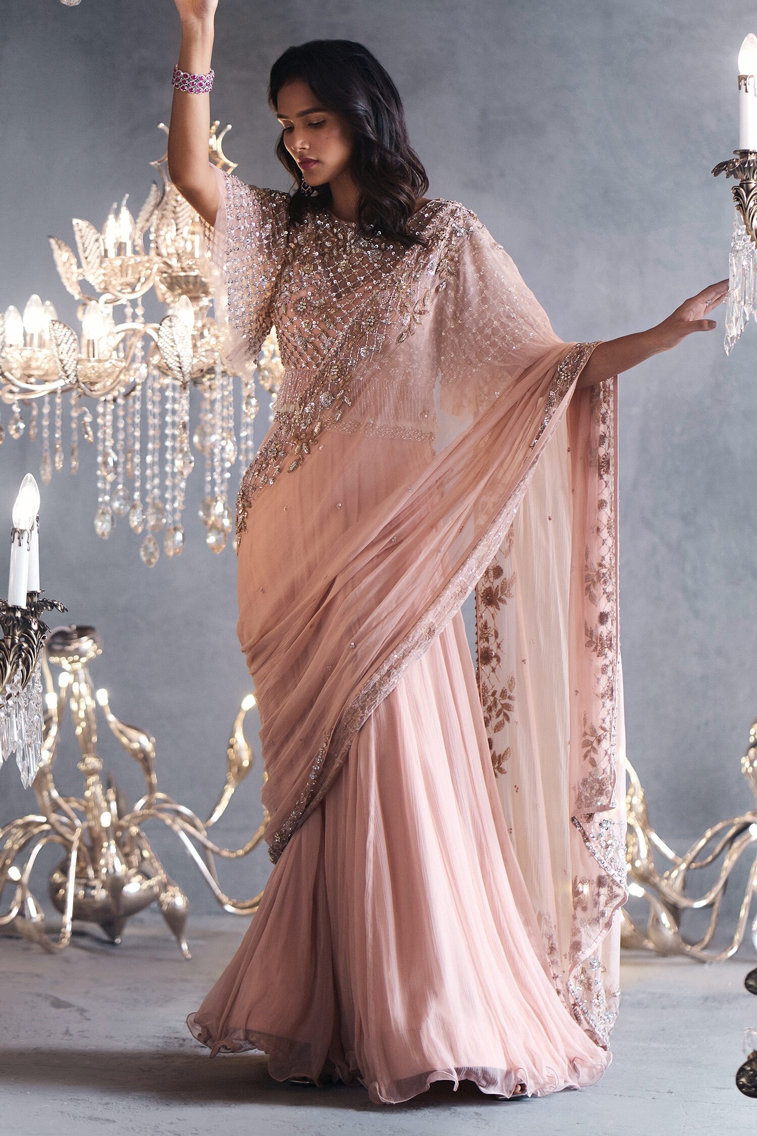 Buy Not So Serious By Pallavi Mohan Pink Chiffon Embroidered Saree Gown ...