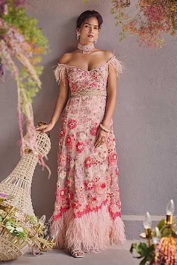 Buy Not So Serious By Pallavi Mohan Pink Tulle Embroidered Off Shoulder ...