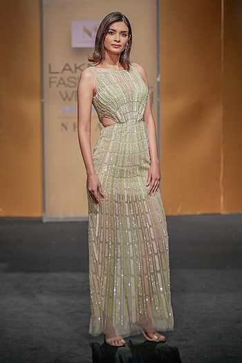 Buy Green Tulle Embroidery Bead Boat Neck Diana Gown For Women by Not ...