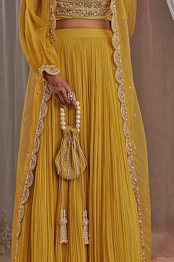 Buy Nidhika Shekhar Yellow Silk Bead Embroidered Jacket Lehenga Set ...