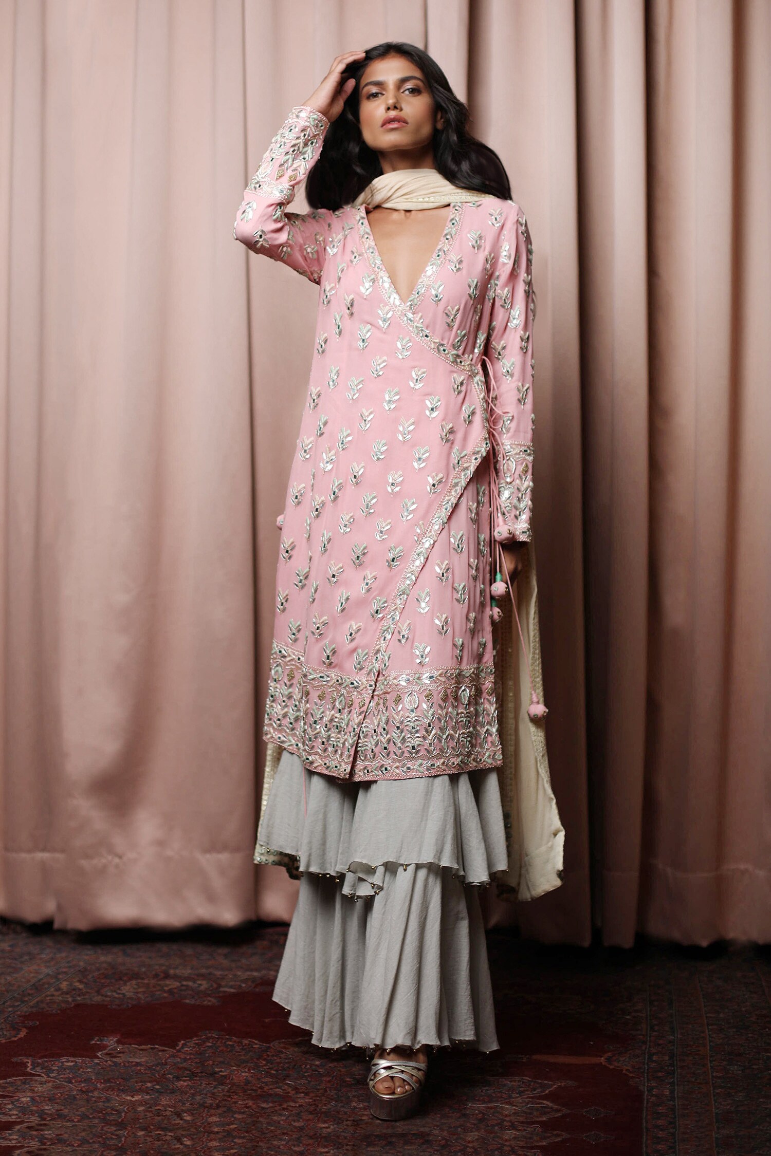 Buy Nandita Thirani Green Georgette Embroidered Angarkha Kurta Set ...