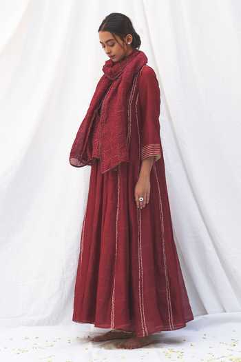 Buy Label Nuska Red Handloom Chanderi Anarkali With Dupatta Online ...