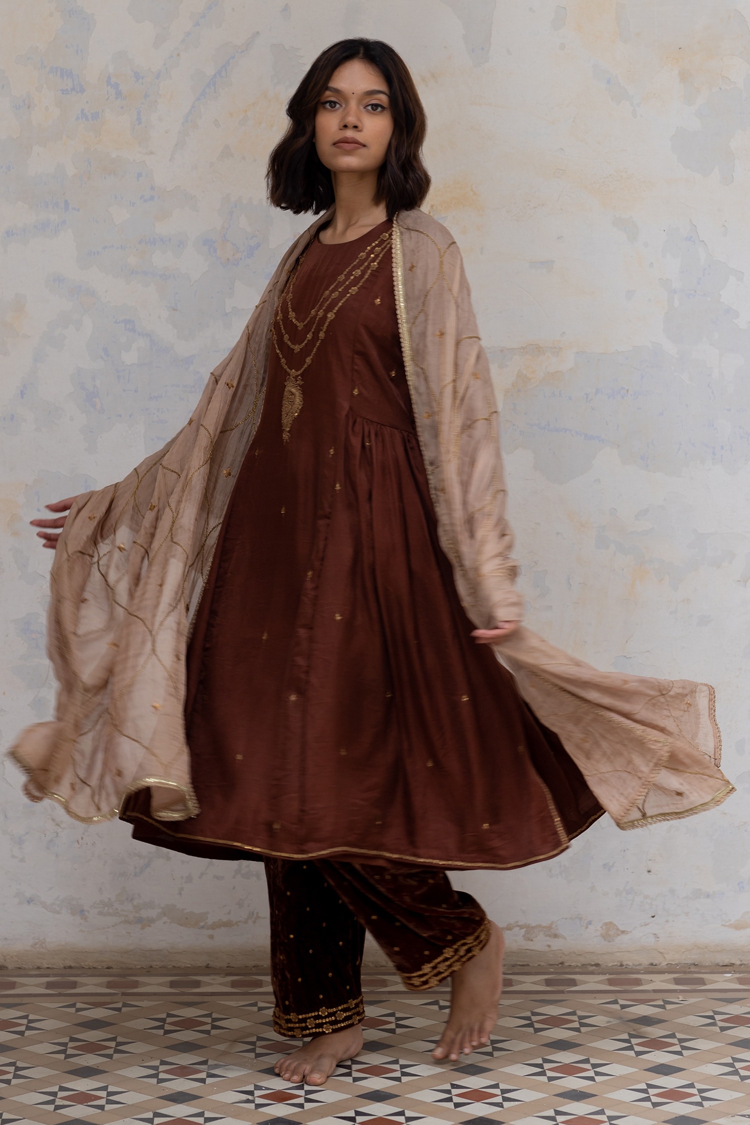 Buy Nirjara Brown Mumtaz Peshwaz Anarkali And Pant Set Online | Aza ...