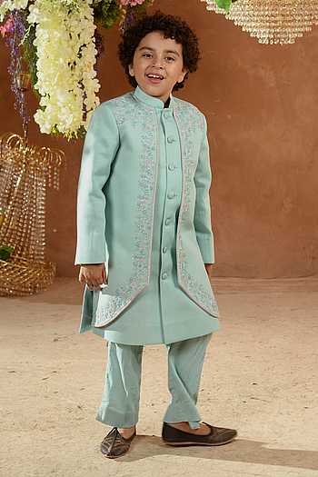 Buy Blue Vegan Silk Embroidery Cutdana Maherwan Panelled Achkan And ...