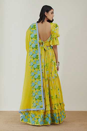Buy Label Earthen Yellow Cotton Mul Printed Ruffle Lehenga Set Online ...