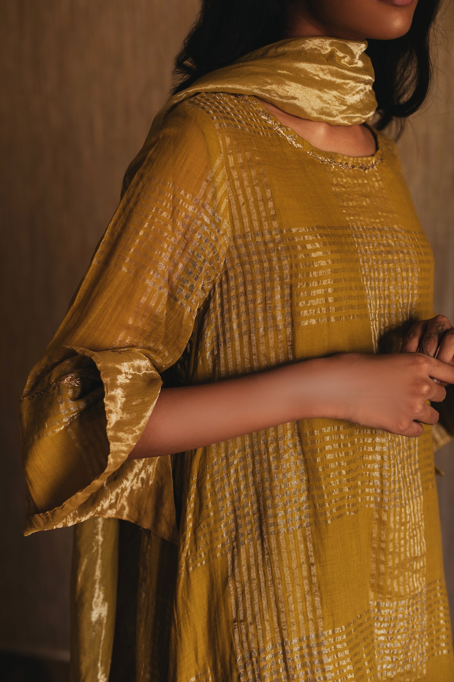 Buy Shorshe Clothing Yellow Handloom Tissue Kurta Set Online | Aza Fashions
