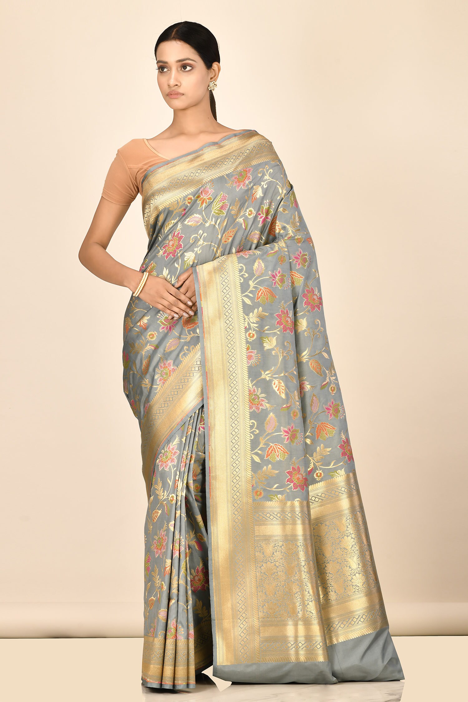 Buy Grey Banarasi Silk Minedar Saree For Women by Nazaakat by Samara ...