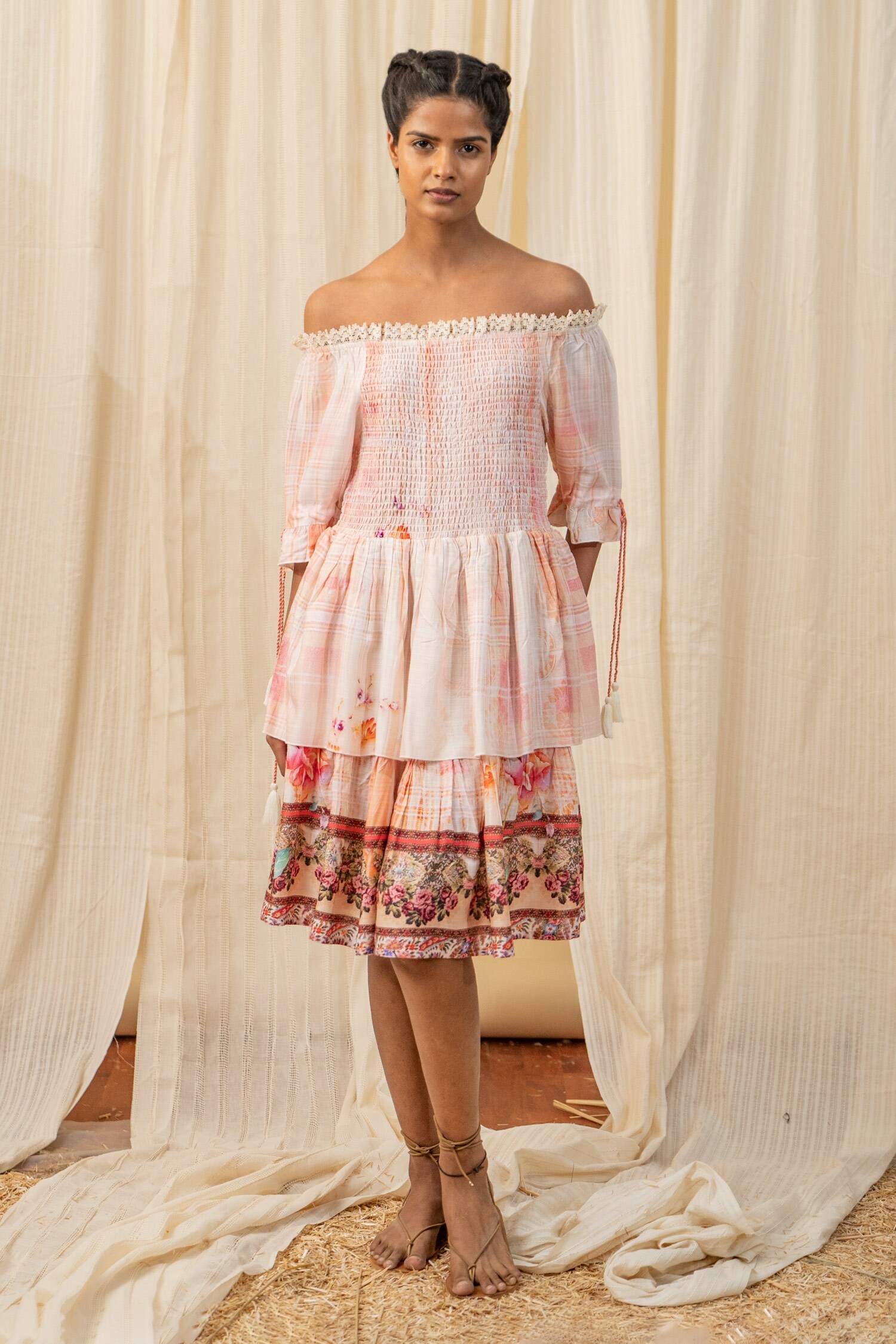 Buy Label Reyya Peach Rayon Printed Off Shoulder Tiered Dress Online ...