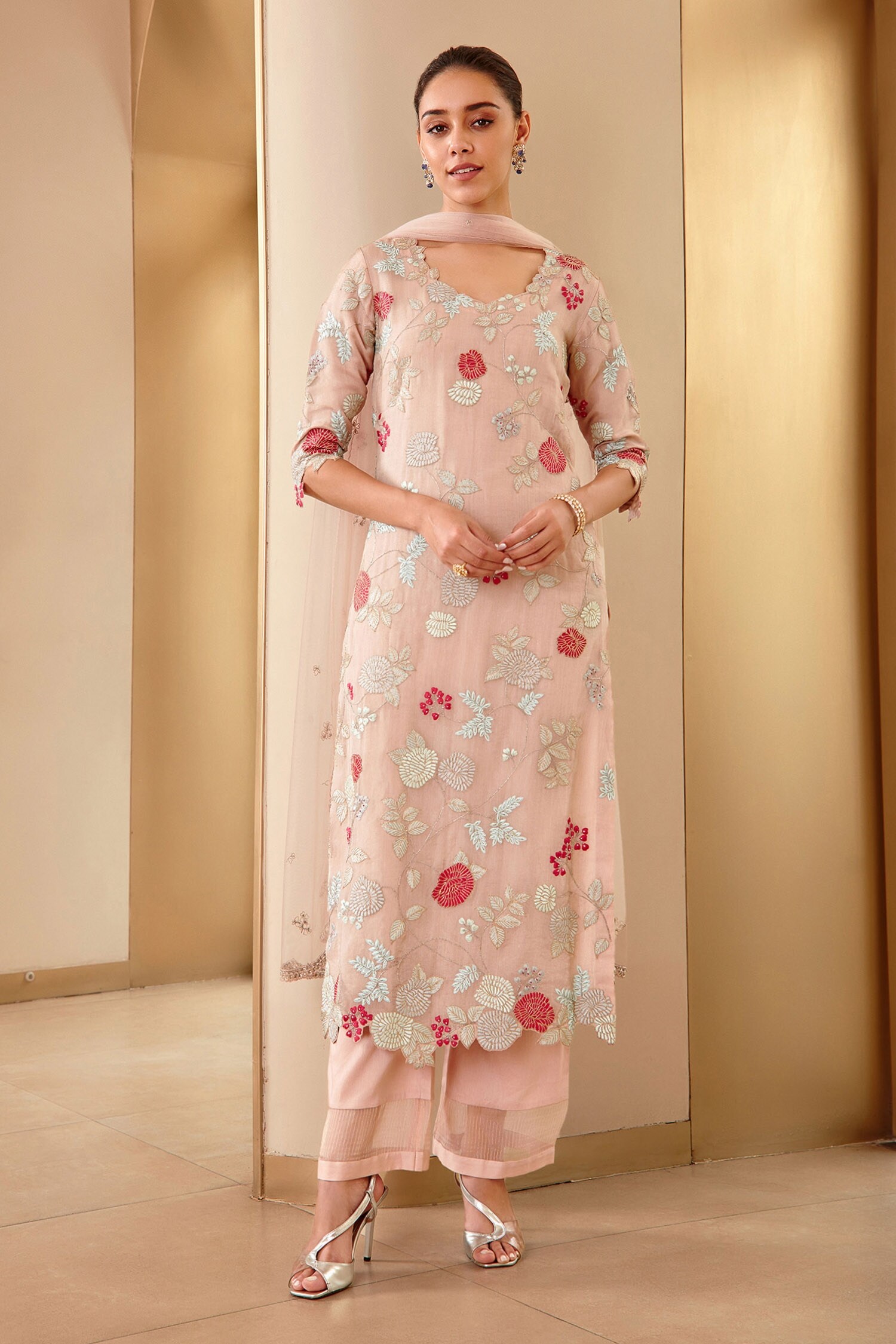 Buy Osaa by Adarsh Pink Tissue Floral Embroidered Kurta Pant Set Online ...
