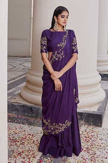 Buy Purple Pre-draped Saree With Blouse For Women by Prathyusha ...
