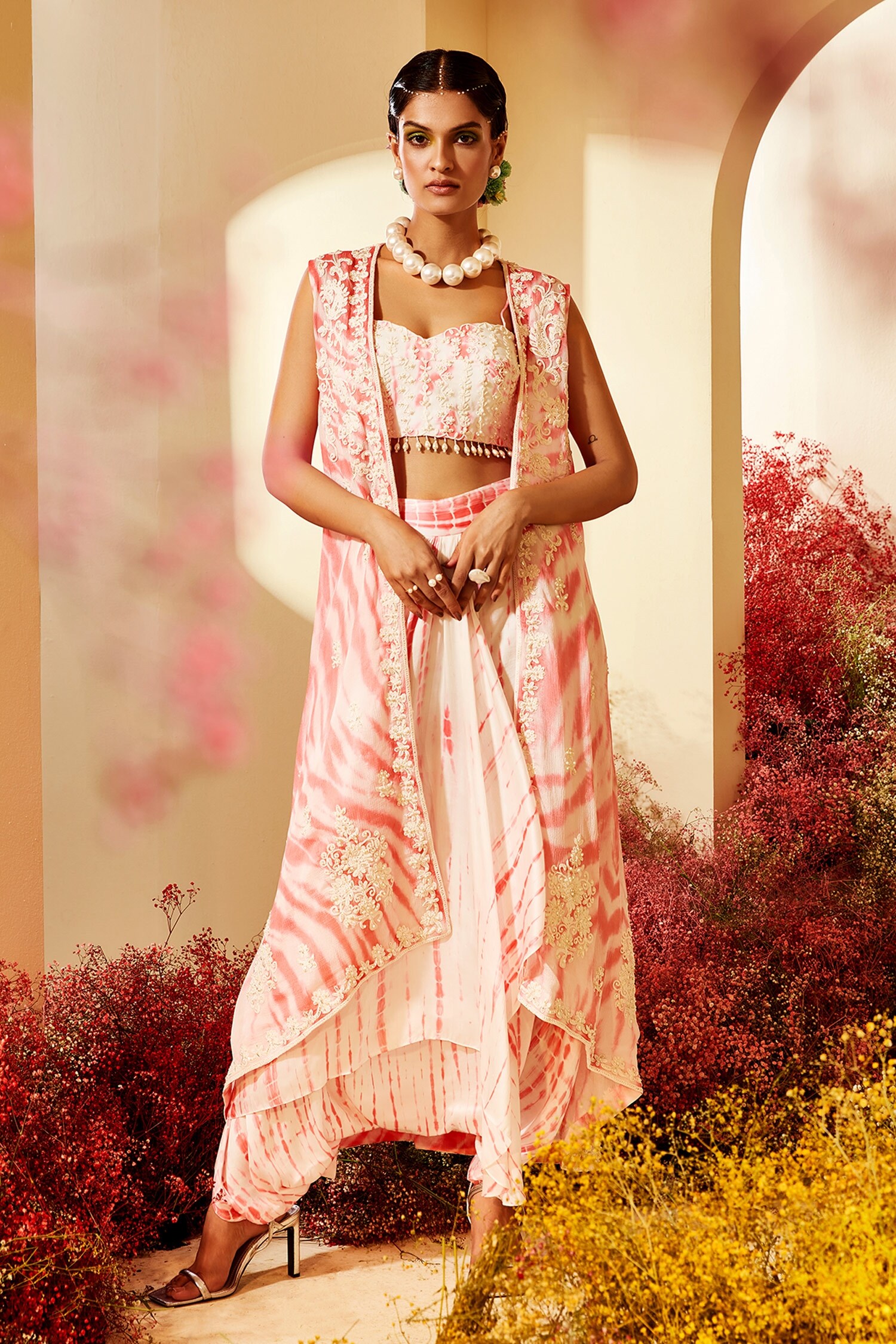 Buy Pink Cape: Georgette Tie And Dye Pearl Sweetheart Neck & Dhoti Pant ...