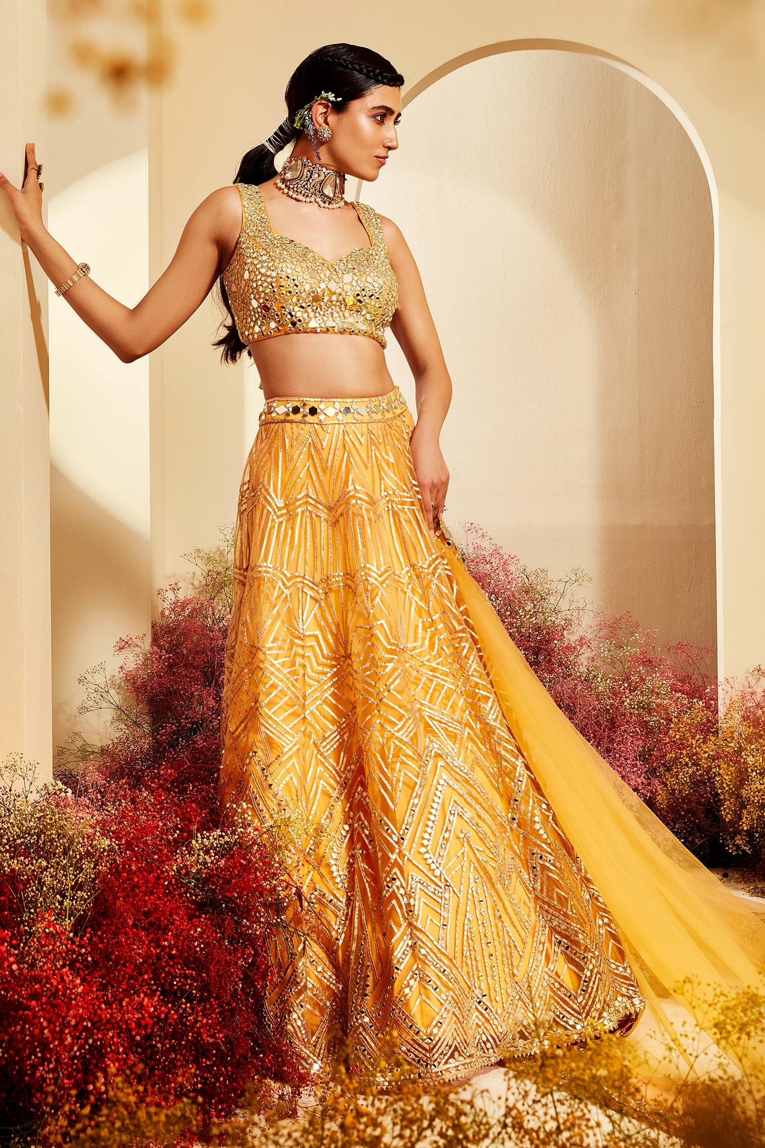 Buy Yellow Net Embroidered Gota And Mirror Work And Bridal Lehenga Set