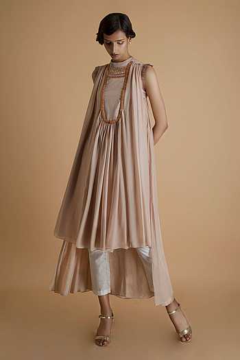 Buy Beige Band Collar Embroidered High Low Kurta For Women by Saksham ...